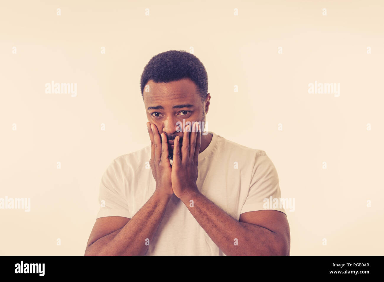 Portrait of attractive man sad and depressed suffering depression ...