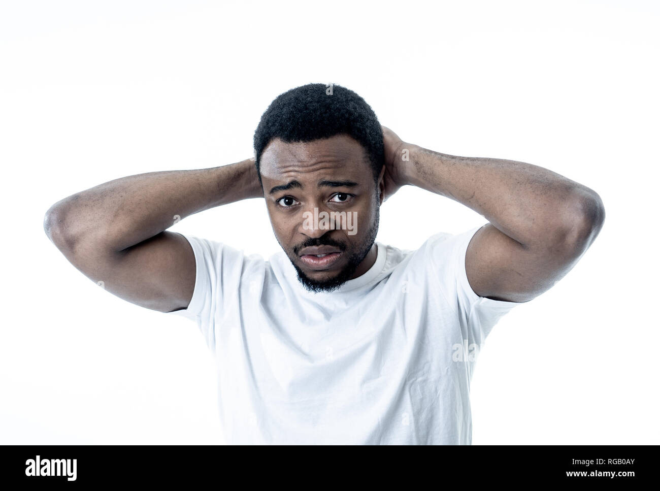 Portrait of attractive man sad and depressed suffering depression ...