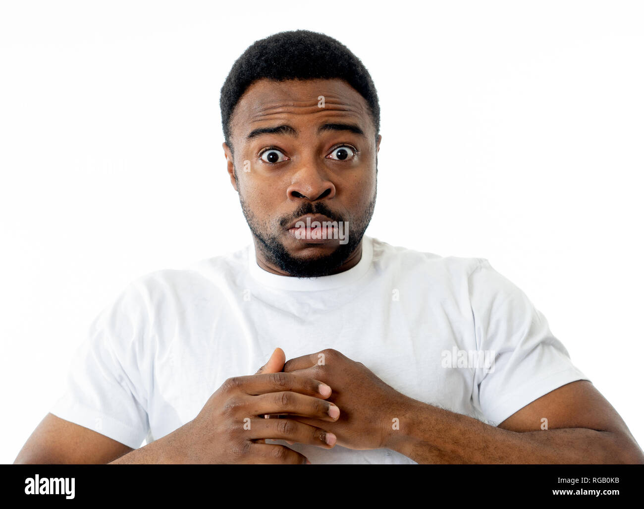 Portrait of Handsome young man in shock with a scared expression on his ...