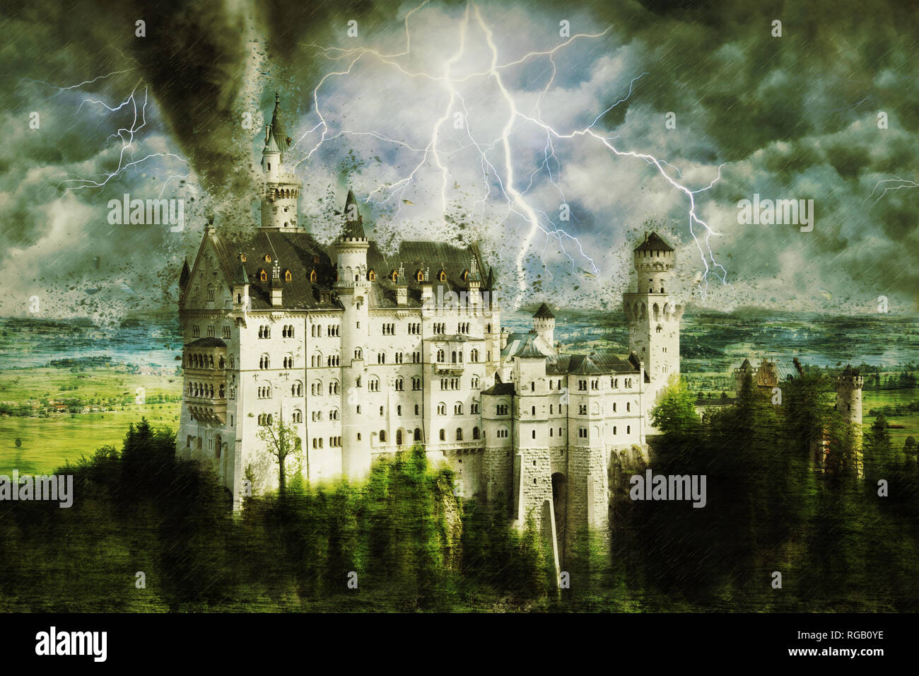 Neuschwanstein castle during the heavy storm, rain and lighting in ...