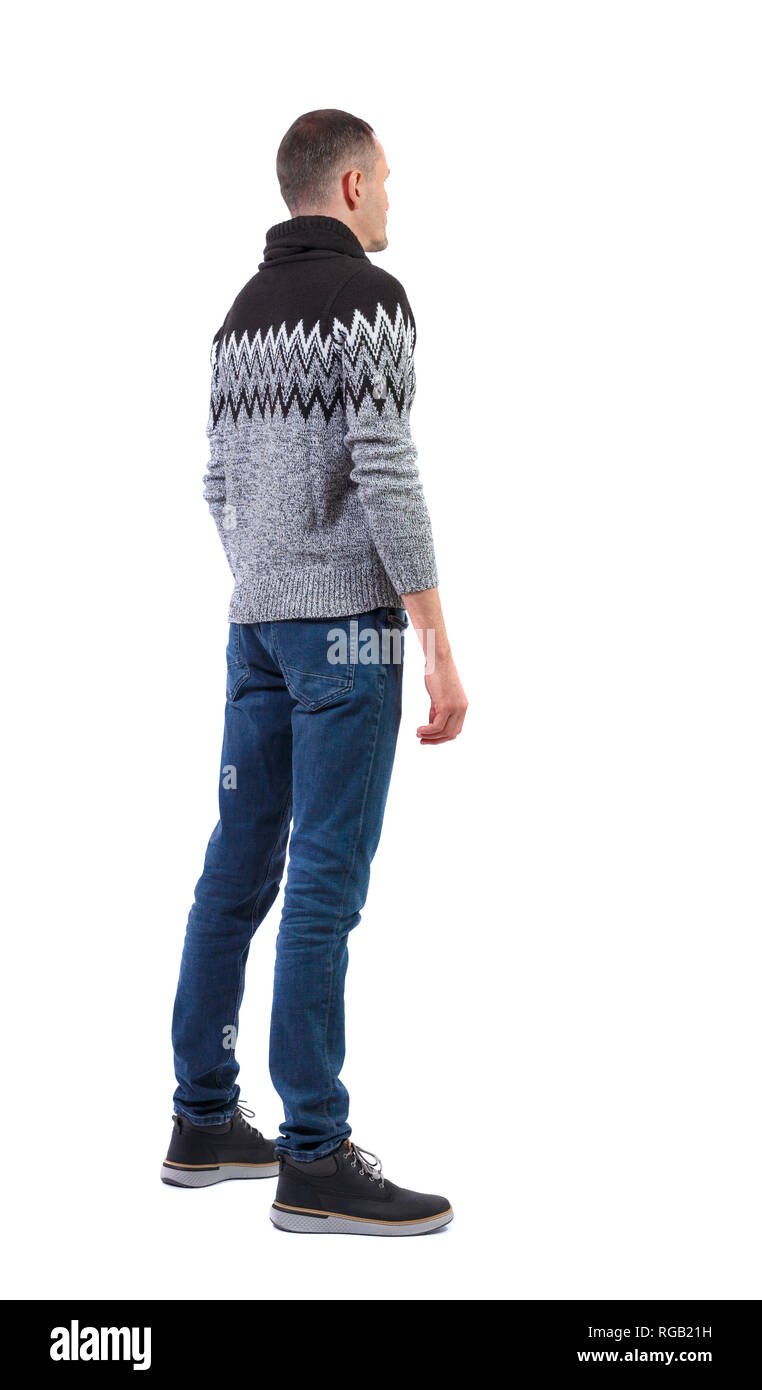 Back view of a stylish man in gray winter sweater. Rear view people ...