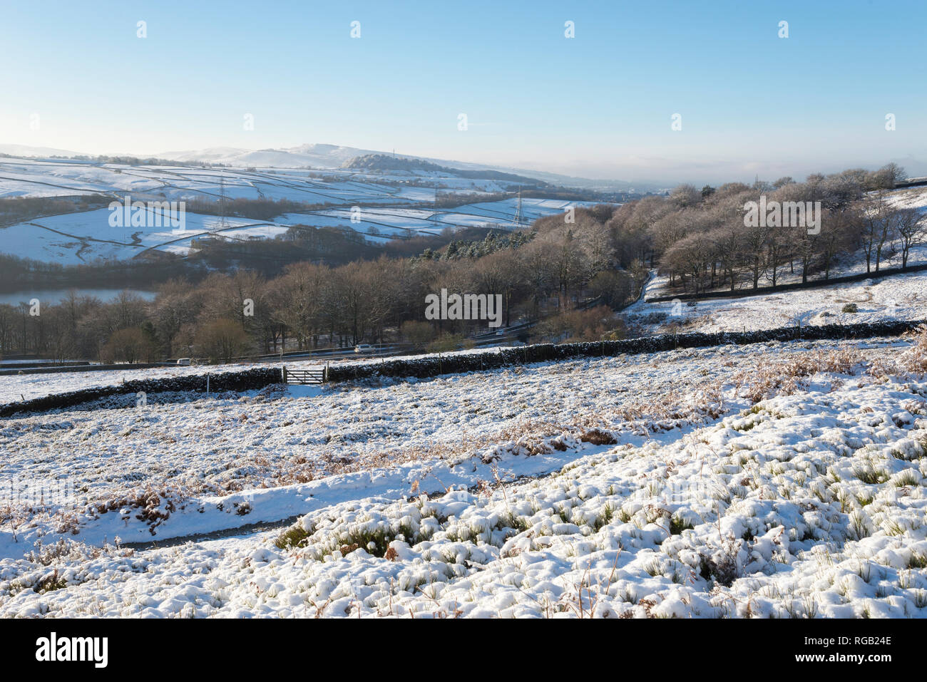 Snowy landscape beside the A628 Woodhead road in the hills of ...