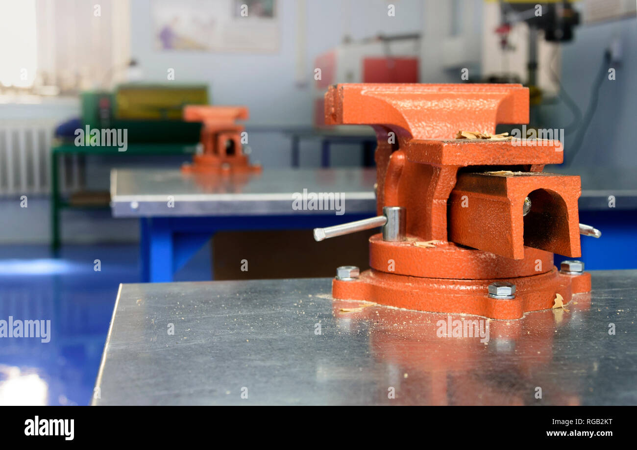 Bench vise in school workshop, vocational education at school Stock ...