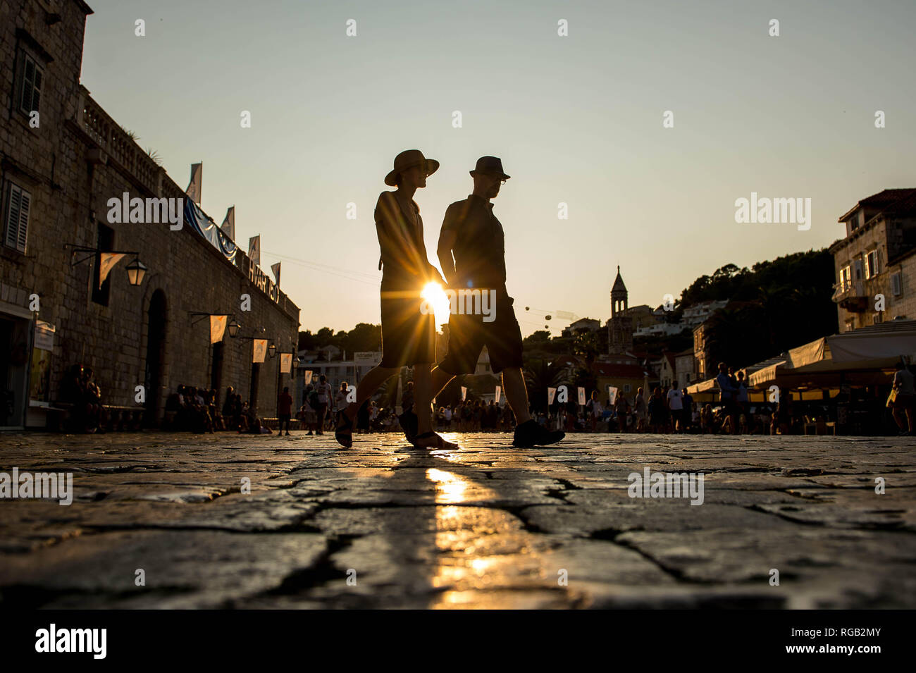 Friday 31 August 2018 Pictured: People in Hvar square at sunset Re ...
