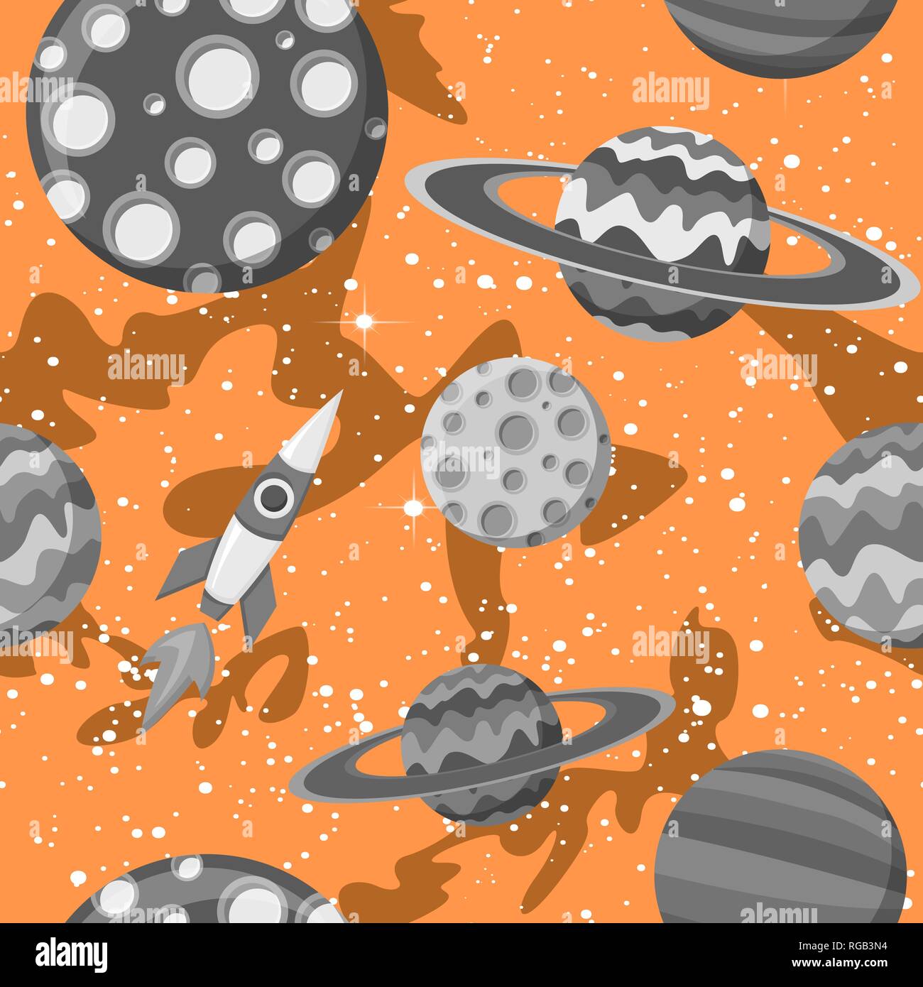 Cartoon flat space with gray planets vector seamless pattern on sandy ...