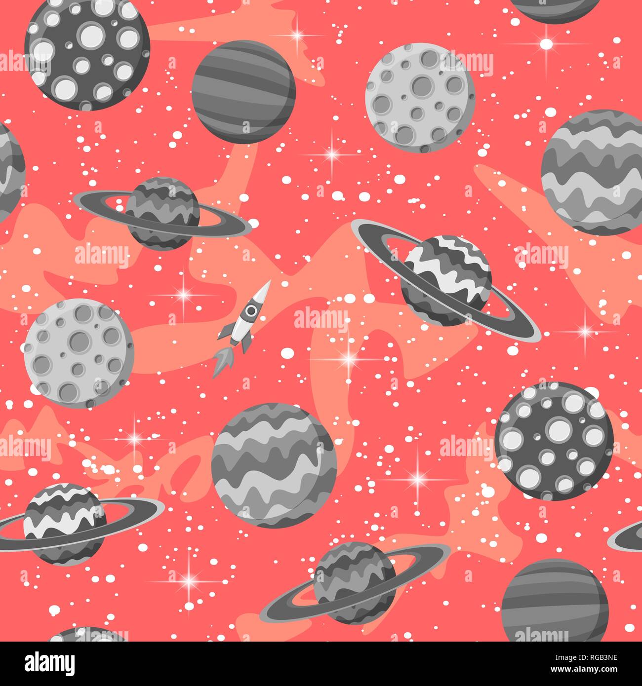 Cartoon flat space with gray planets vector seamless pattern on coral ...