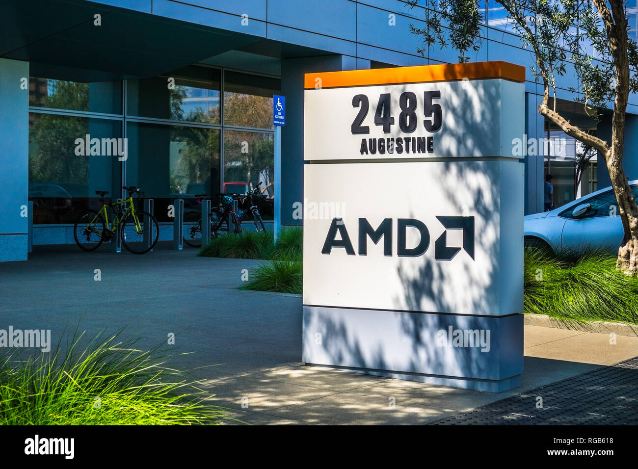 July 31, 2018 Santa Clara / CA / USA - AMD logo at the entrance to the ...
