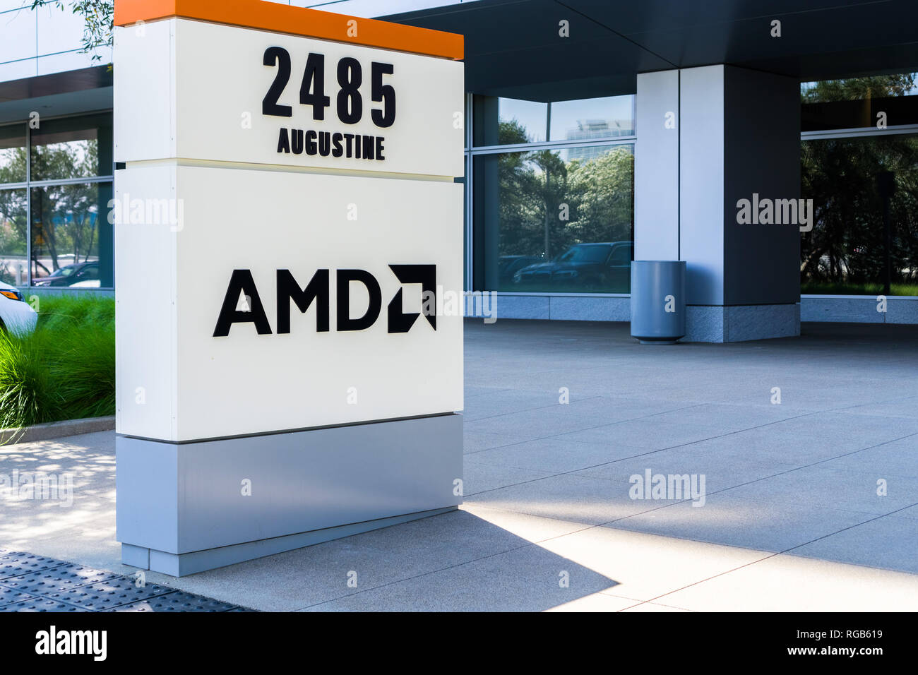 July 31, 2018 Santa Clara / CA / USA - AMD logo at the entrance to the ...