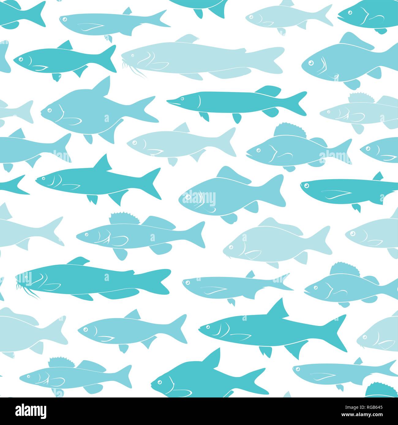 Vector silhouettes of river fishes - Dark blue background with seamless ...