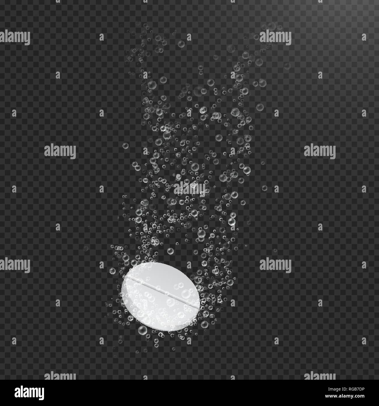 Soluble tablets in liquid with bubbles. Realistic illustration ...