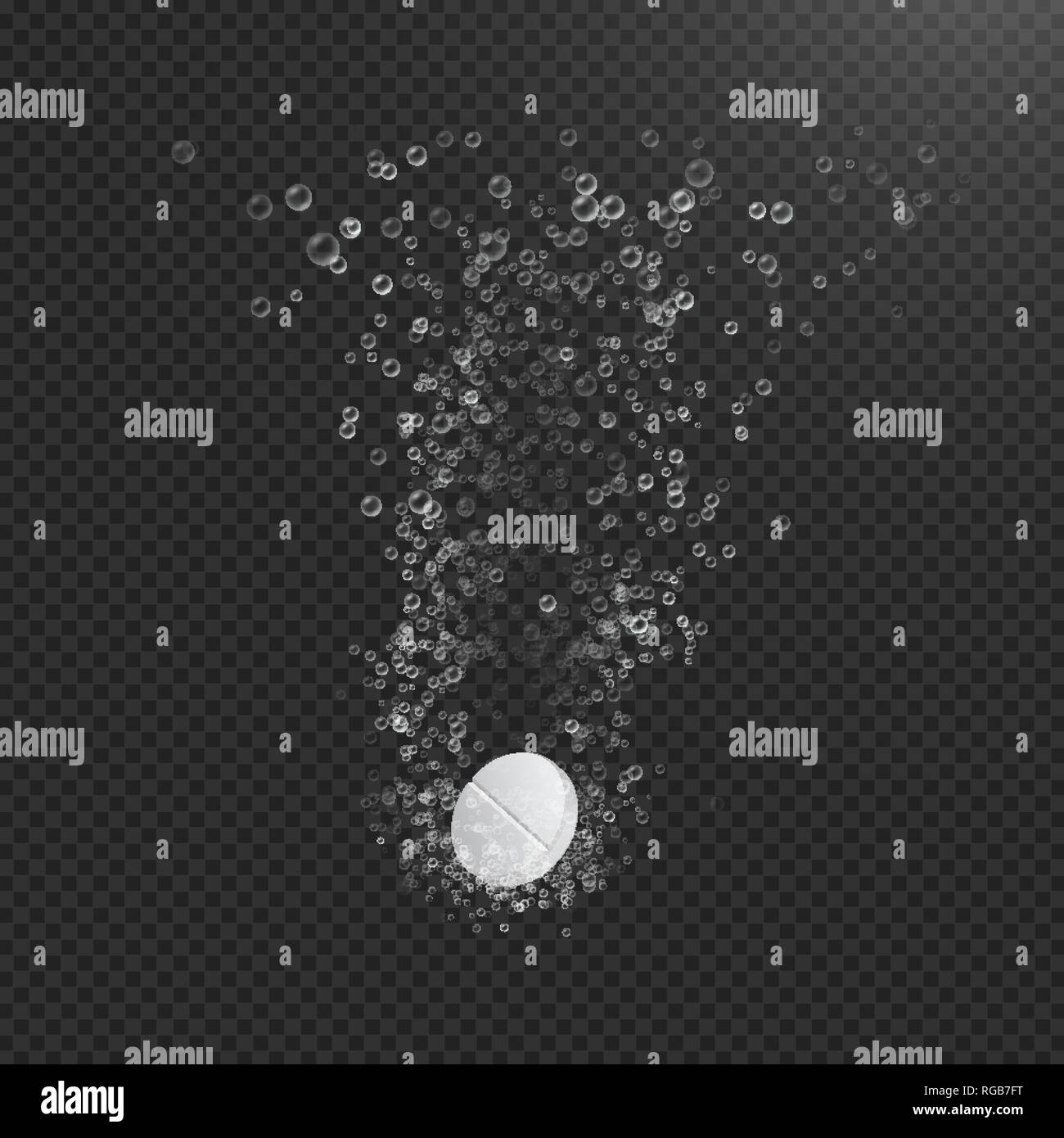 Soluble tablets in liquid with bubbles. Realistic illustration ...