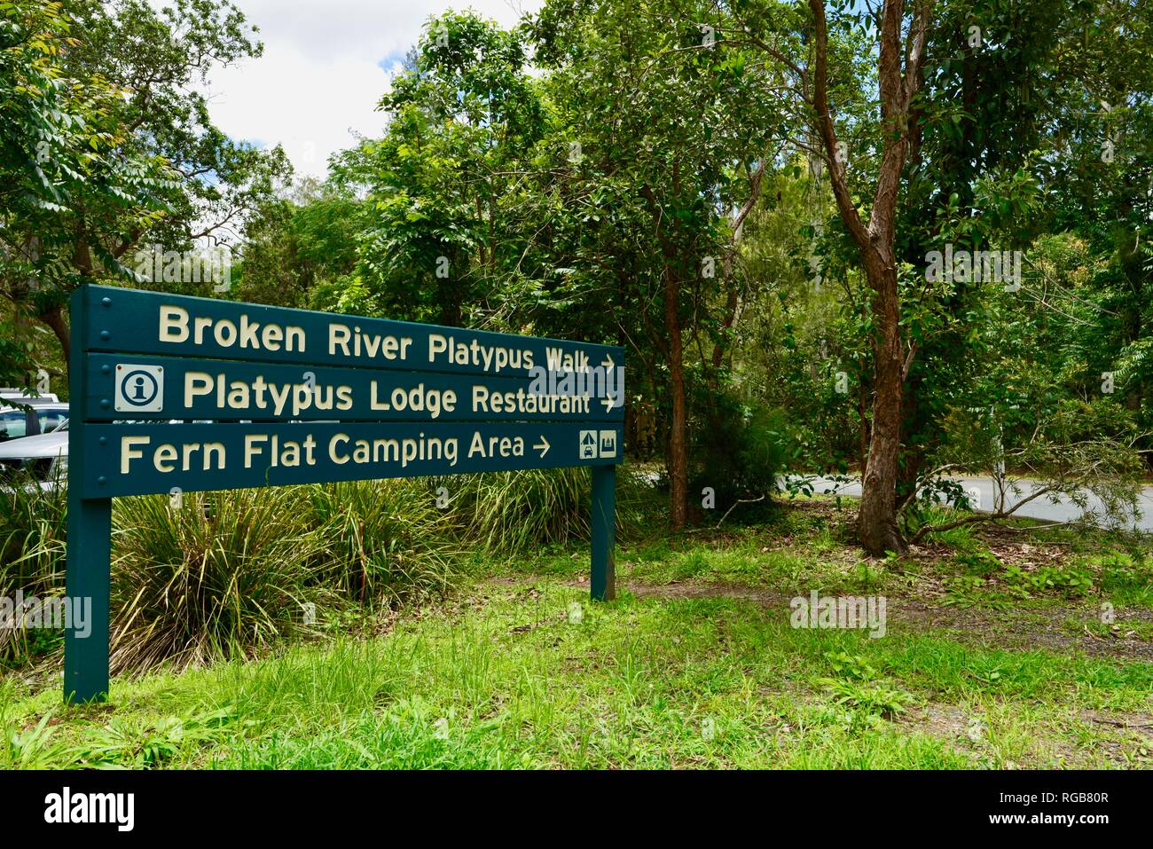 Broken river platypus walk, platypus lodge restaurant, fern flat camping area sign, Broken River ...