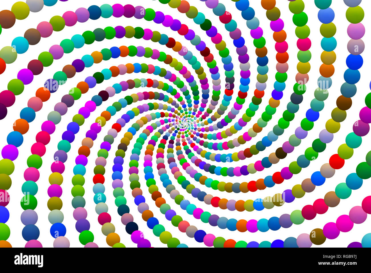 3D rendering of multicolored spheres forming a vortex-like spiral ...
