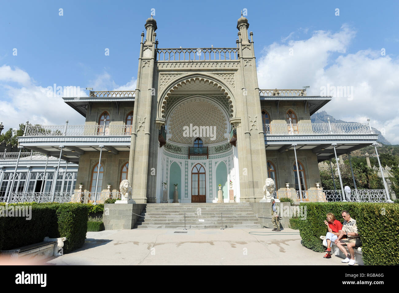 Oriental style southern garden facade of Vorontsov Palace in Alupka ...