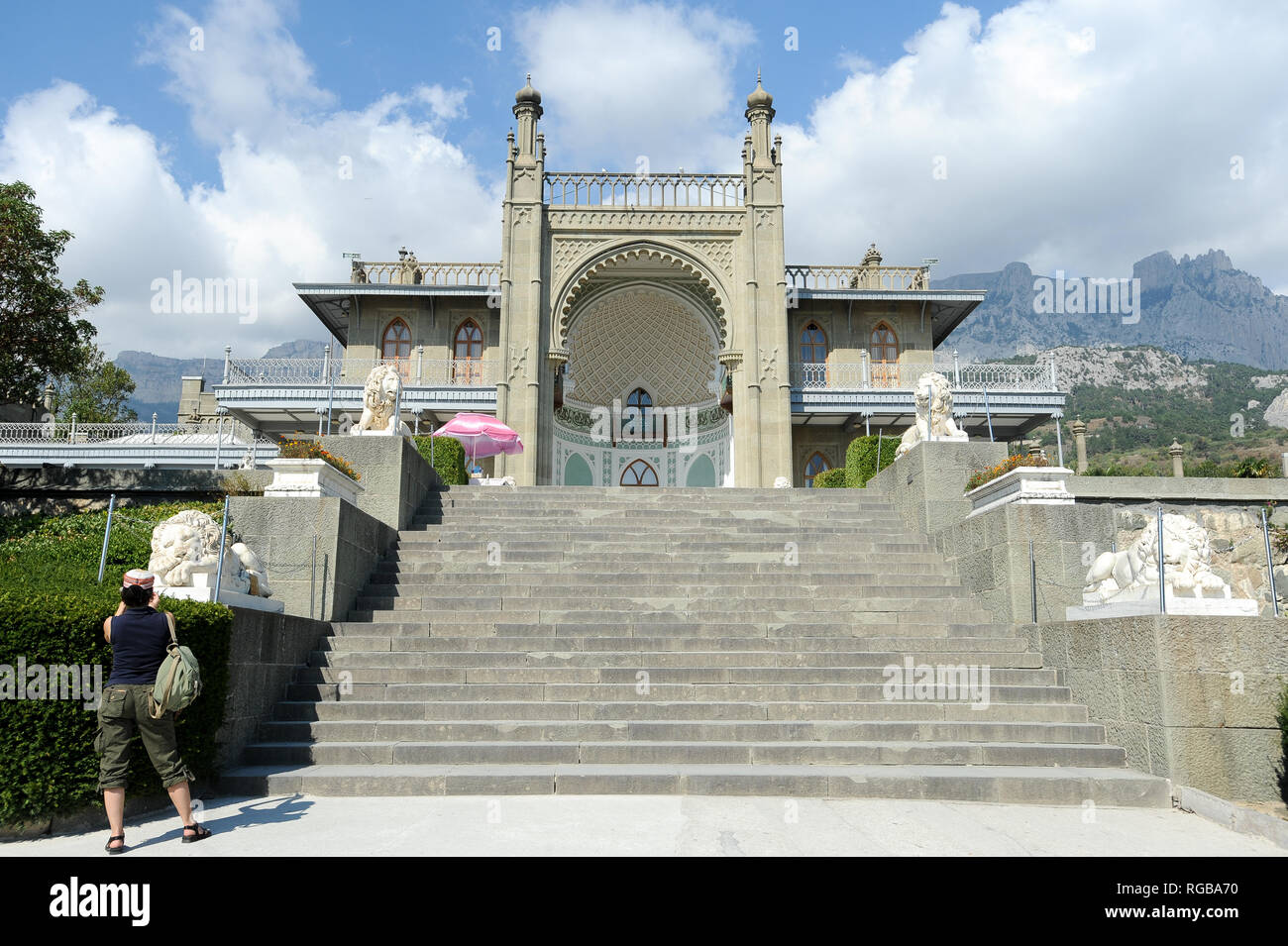 Oriental style southern garden facade of Vorontsov Palace in Alupka ...