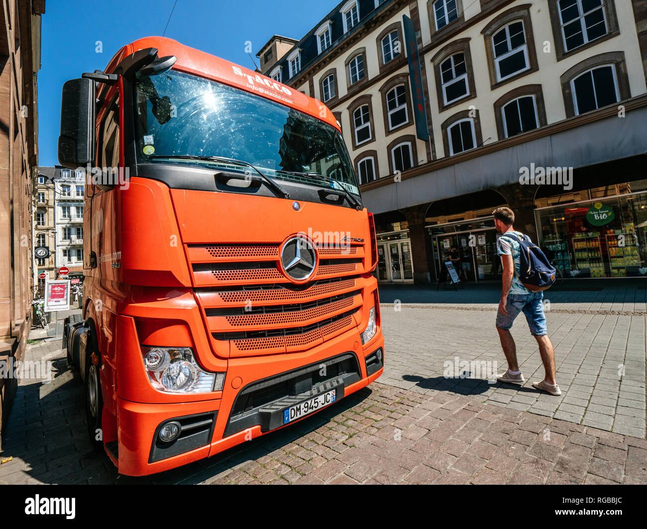 STRASBOURG, FRANCE - JUL 16, 2018: Side view of New powerful Mercedes ...