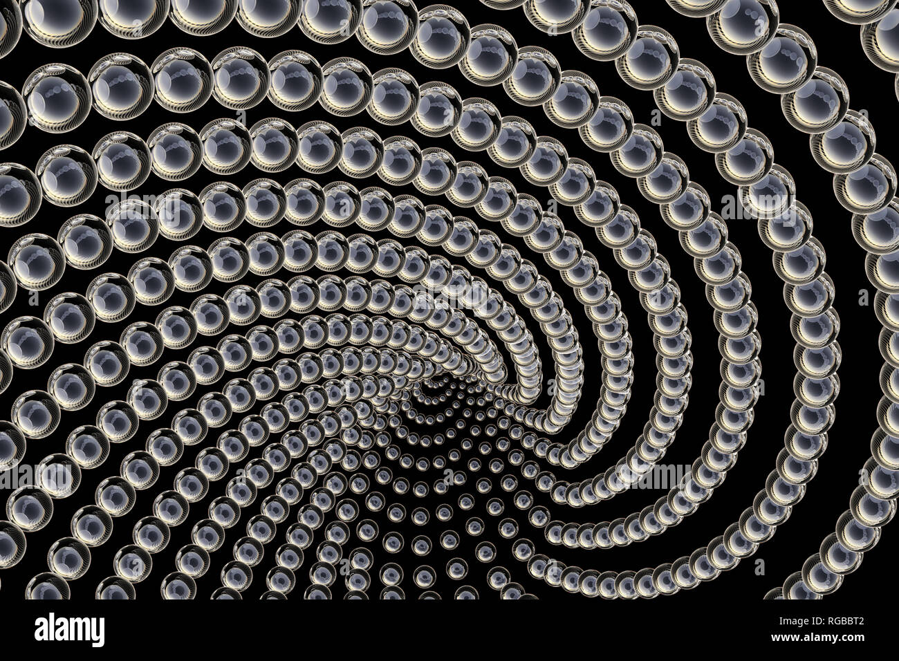 3D rendering of reflective transparent spheres forming a vortex-like ...