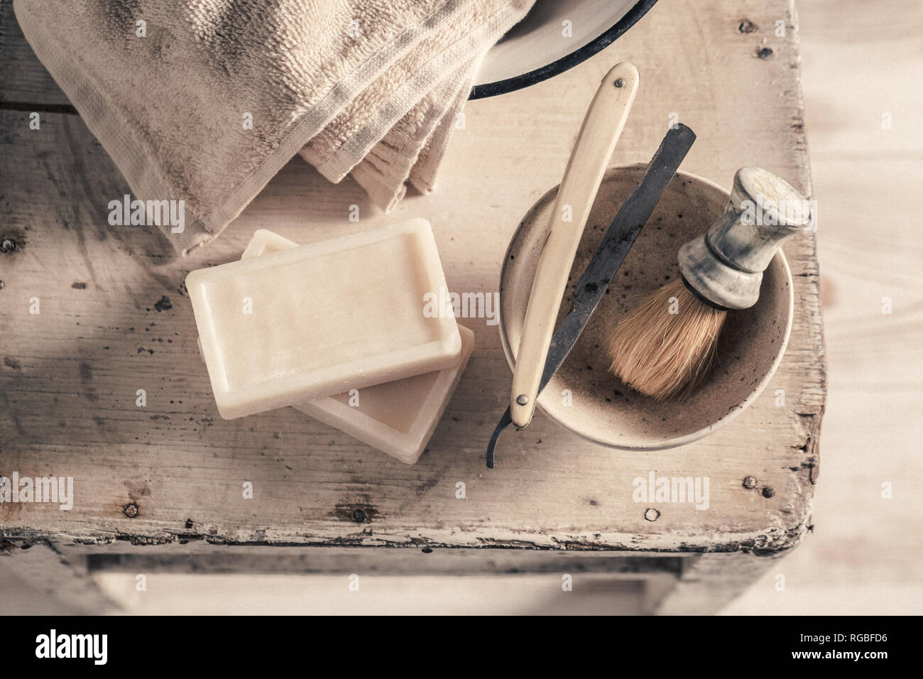 Antique shaving set with old razor, soap and brush Stock Photo - Alamy