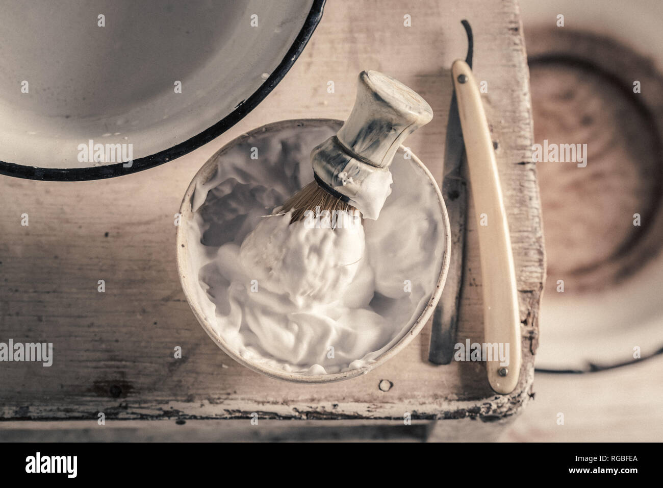 Classic shaving set with old razor and grey soap Stock Photo - Alamy