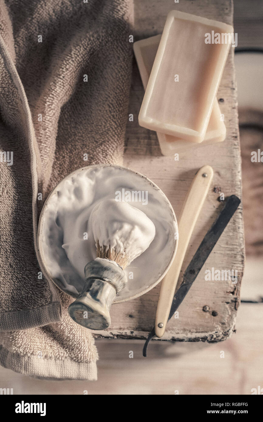 Classic tools for shave with old razor and grey soap Stock Photo - Alamy