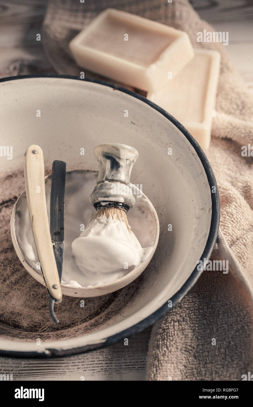 Antique barber equipment with old razor and grey soap Stock Photo - Alamy