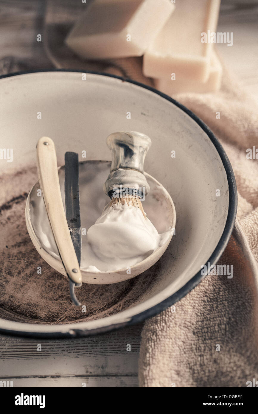 Classic shaving set with old razor, soap and brush Stock Photo - Alamy
