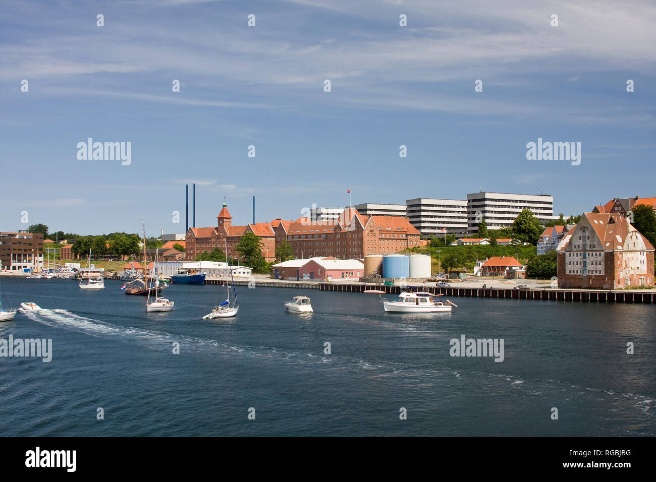 Boats at the harbour entrance to the port of Sonderburg, Jutland ...