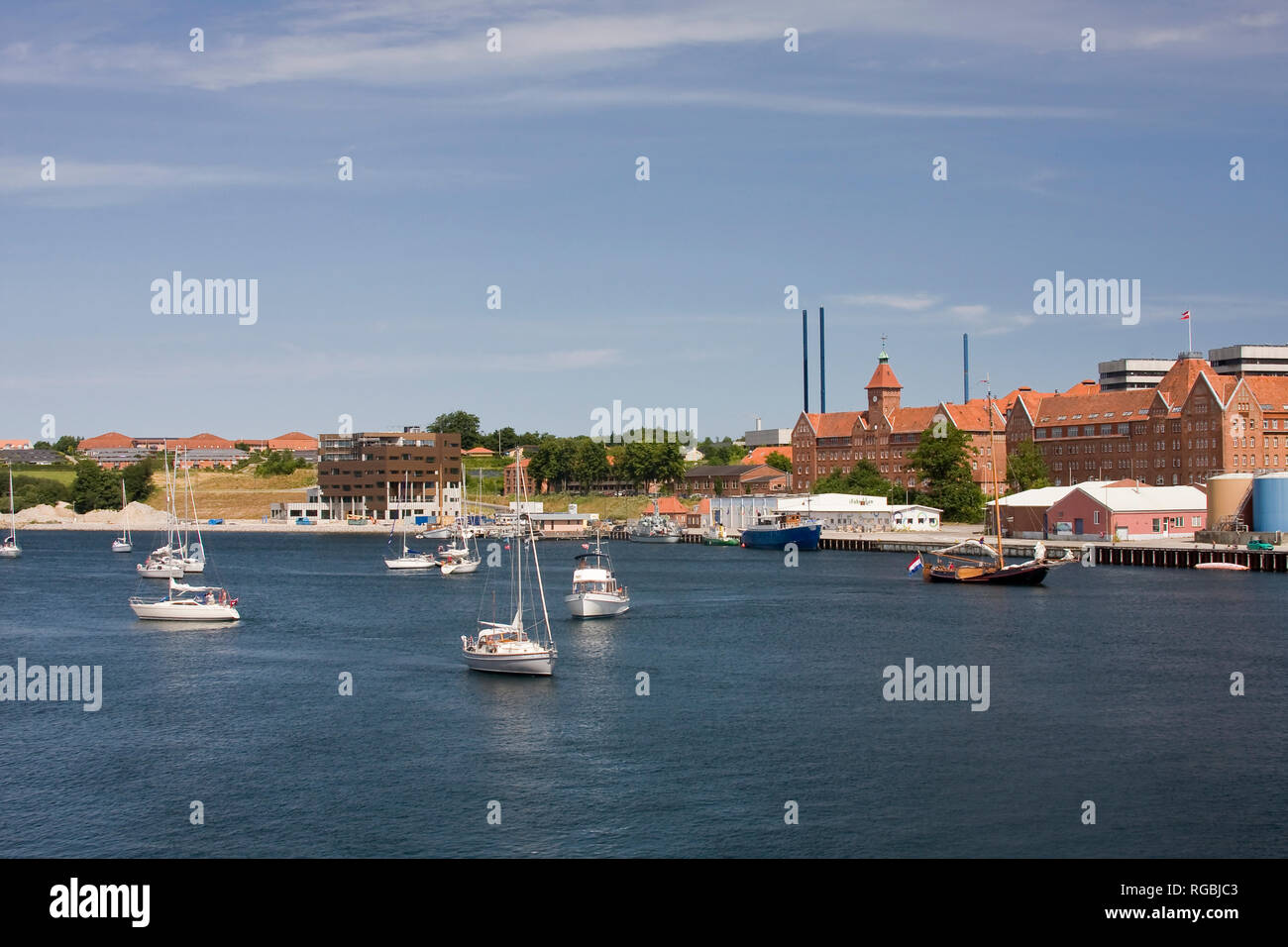 Boats at the harbour entrance to the port of Sonderburg, Jutland ...