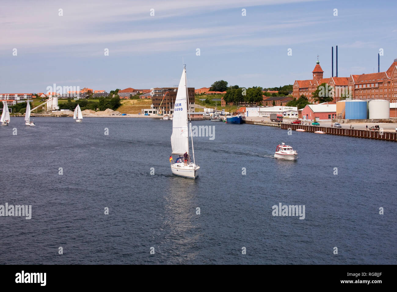 Boats at the harbour entrance to the port of Sonderburg, Jutland ...