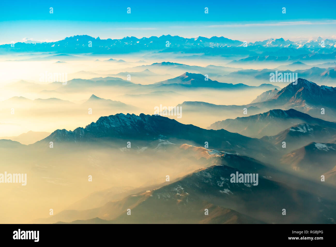 Swiss, Italy and Austrian Alps with snowy mountain tops aerial view ...