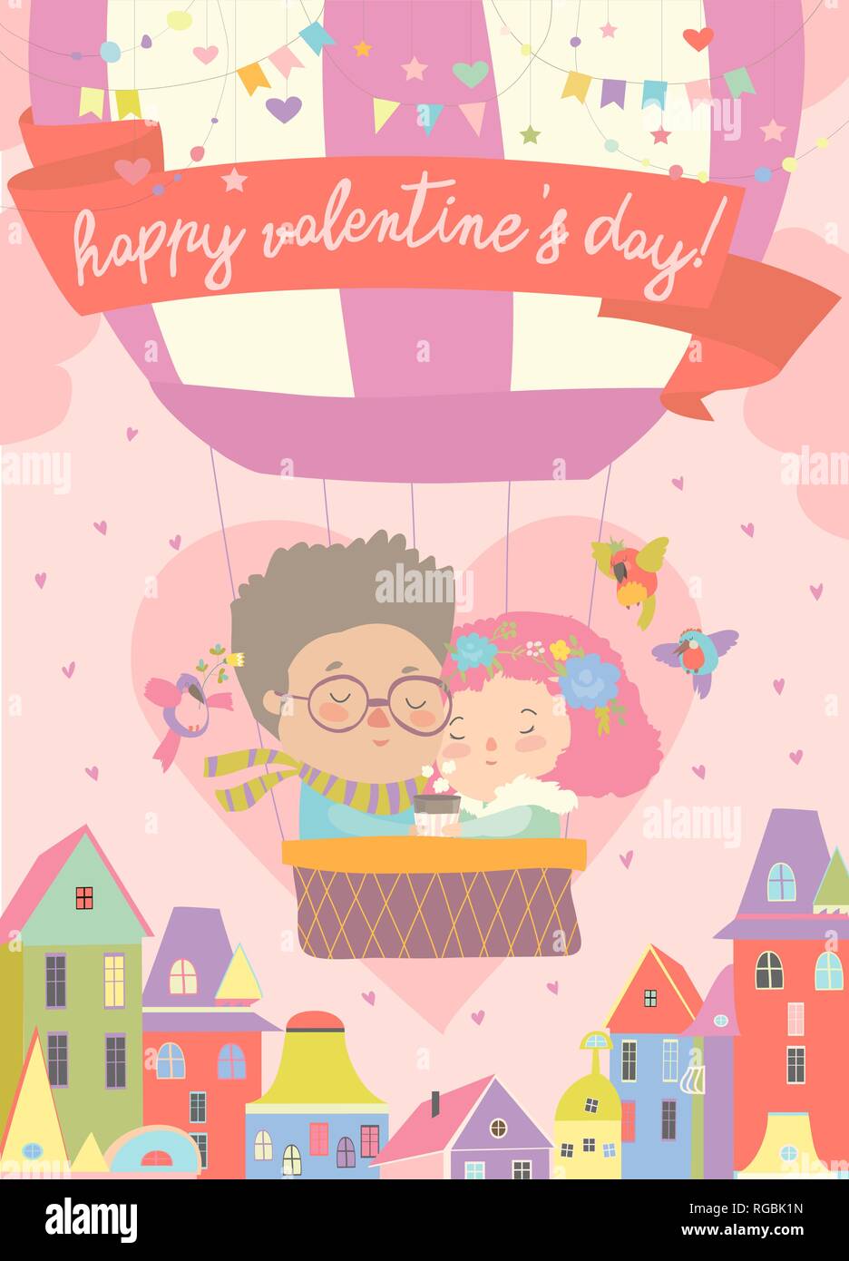 Cute couple in love flying on air ballon Stock Vector Image & Art - Alamy
