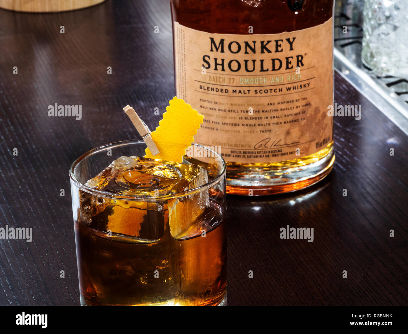 Monkey Soulder blended malt Scotch whisky seen at the bar counter Stock ...