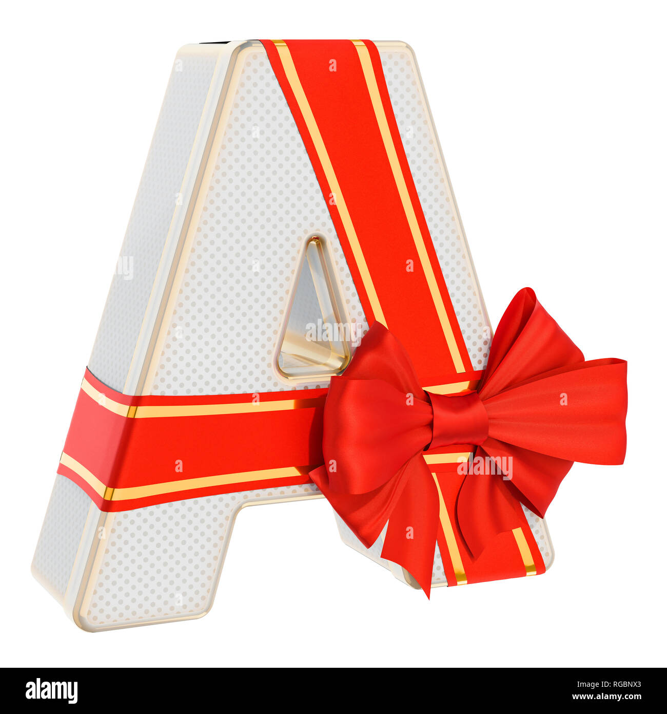 Letter A, gift box shaped of a letter A with red ribbon bow. 3D ...