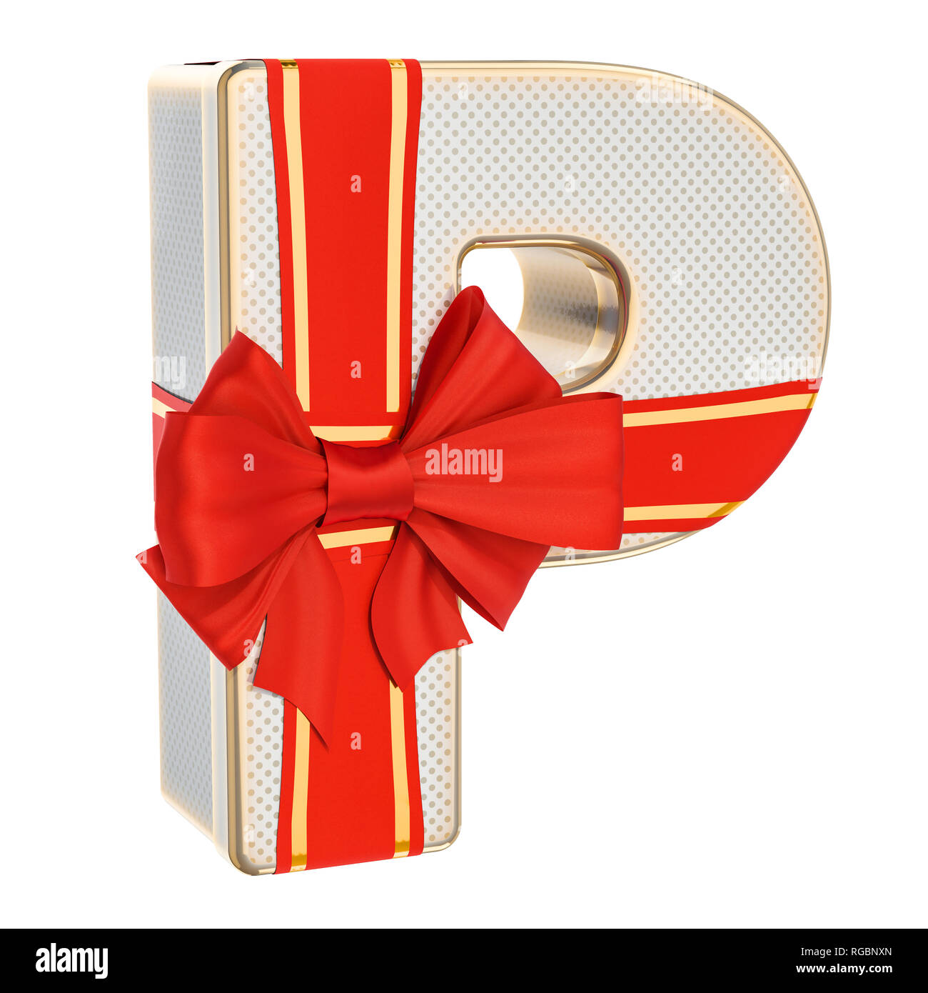 Letter P, gift box shaped of a letter P with red ribbon bow. 3D ...