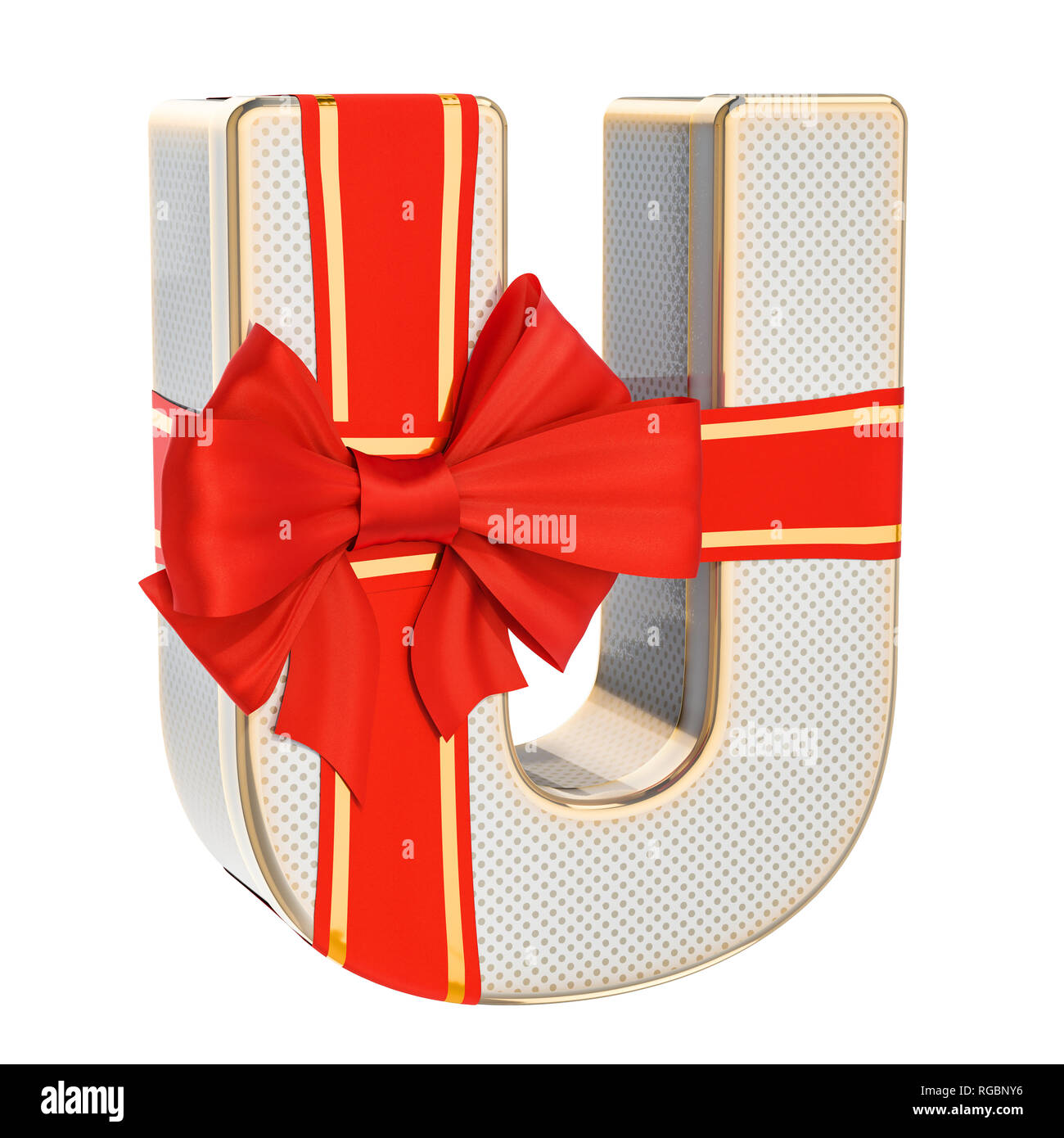 Letter U, gift box shaped of a letter U with red ribbon bow. 3D ...