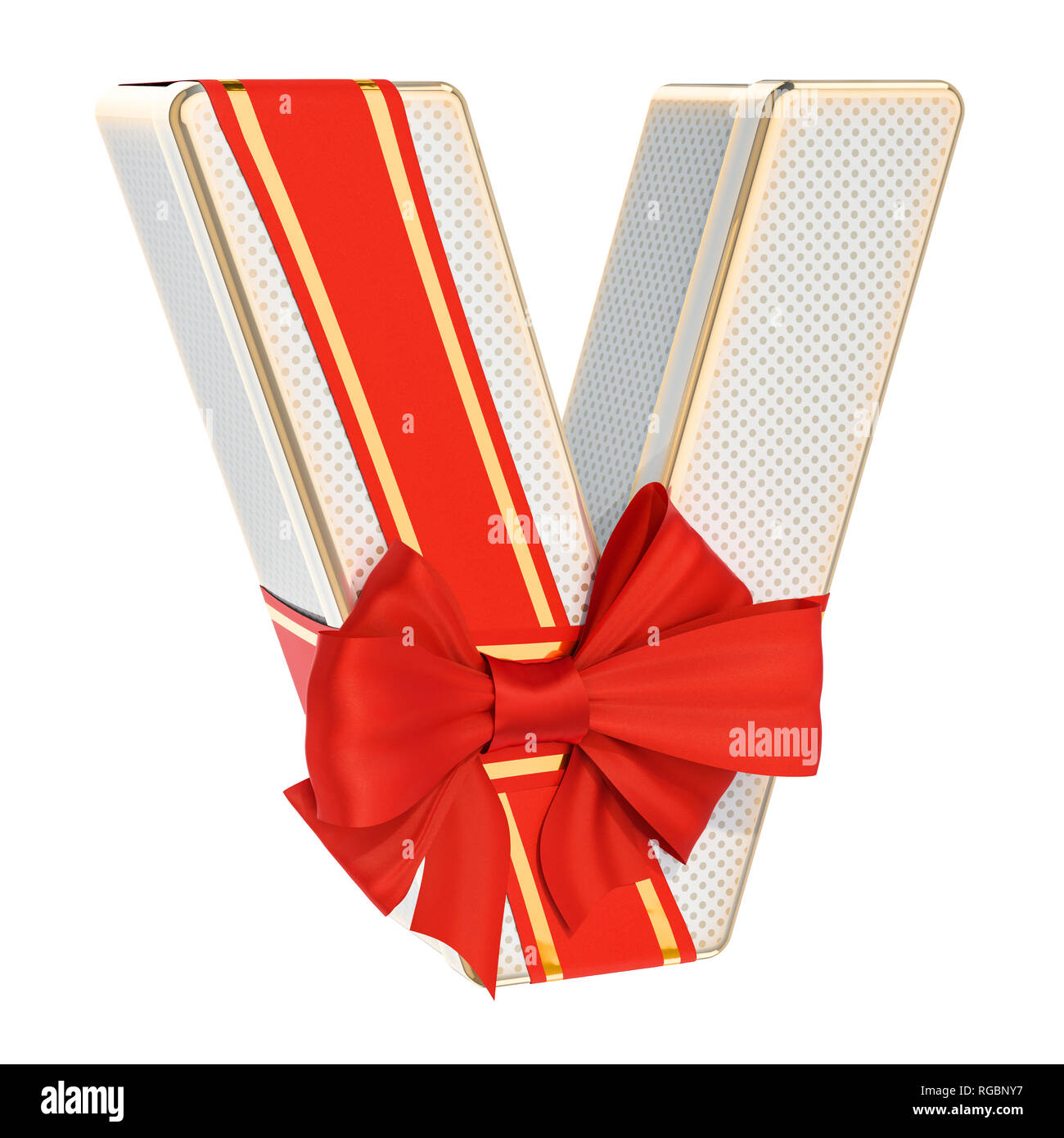 Letter V, gift box shaped of a letter V with red ribbon bow. 3D ...