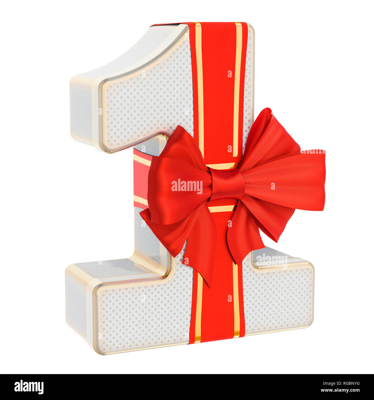 Number 1, gift box shaped of a number one with red ribbon bow. 3D ...