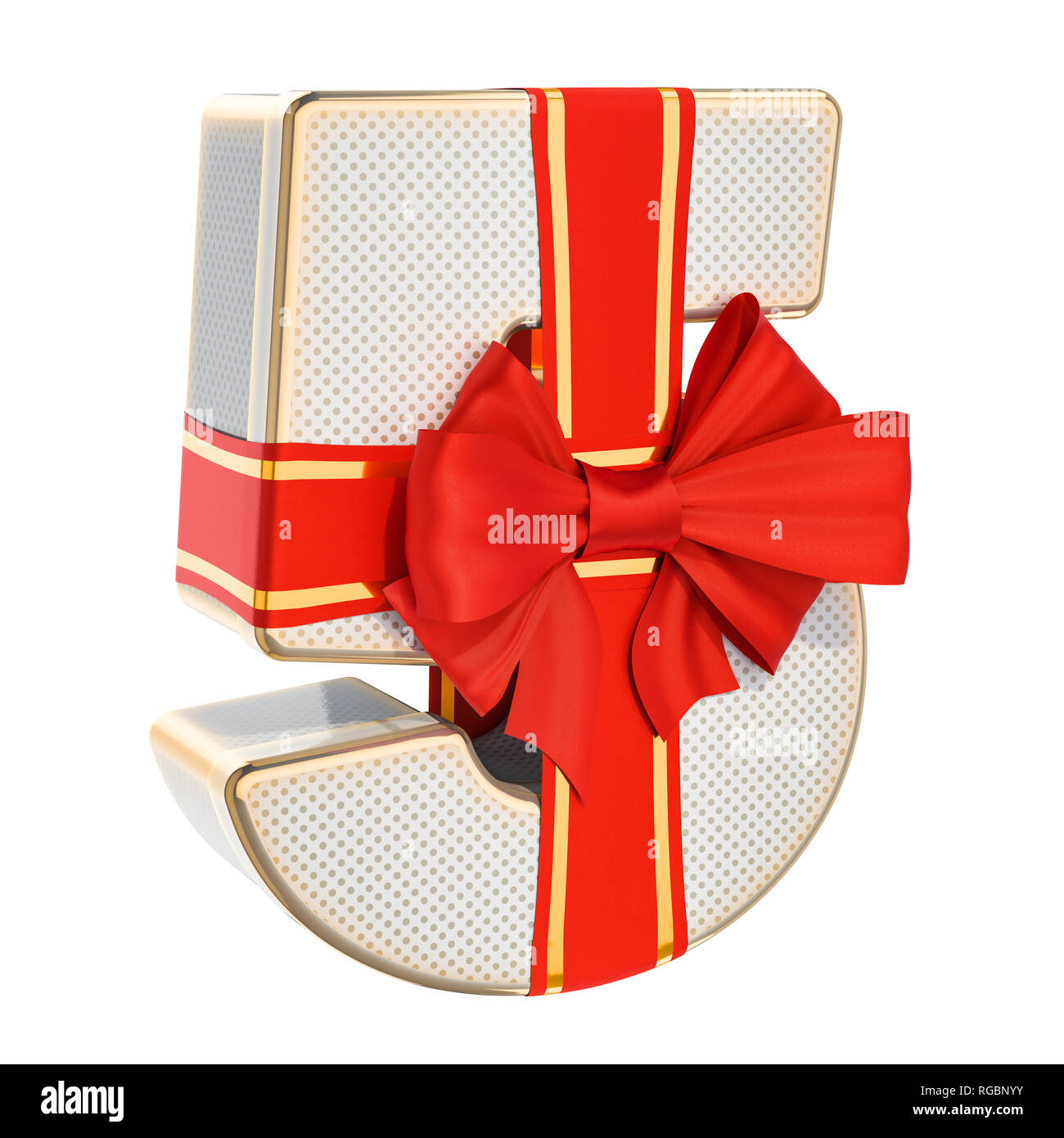 Number 5, gift box shaped of a number five with red ribbon bow. 3D ...