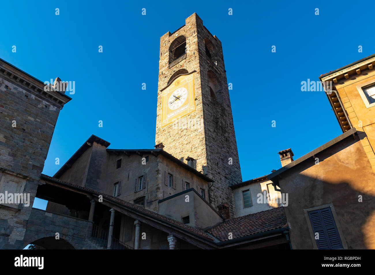 Campanone Civic Tower at main square Piazza Vecchia in Upper Medieval ...