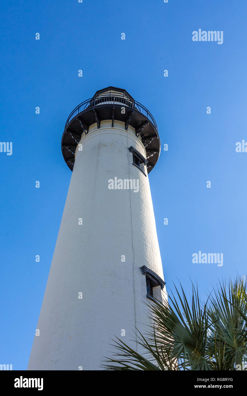 A view of the old white brick lighthouse on St Simons Island, Georgia ...