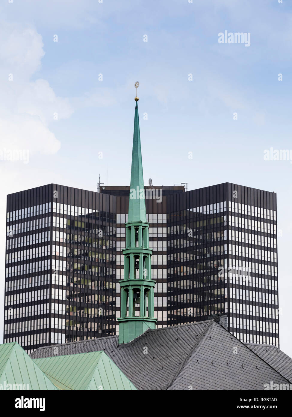 Germany, Essen, view to town hall and spire and roofs of cathedral ...
