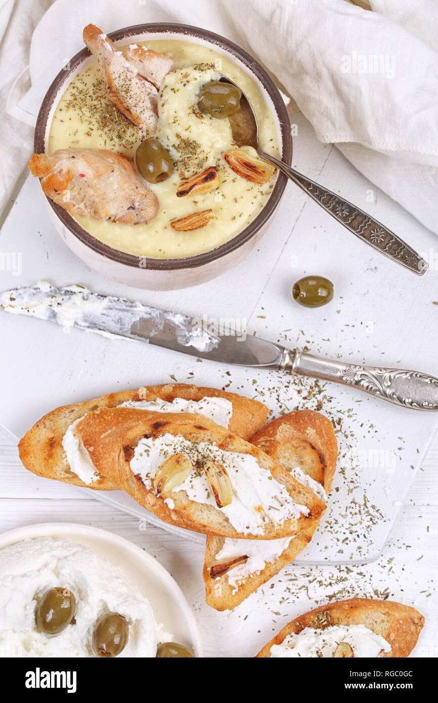 French puree soup with parsnip, soft cheese baguette Stock Photo - Alamy