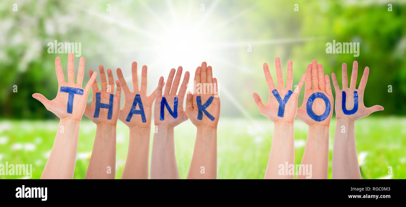 Many Hands Building Word Thank You, Sunny Grass Meadow Stock Photo - Alamy