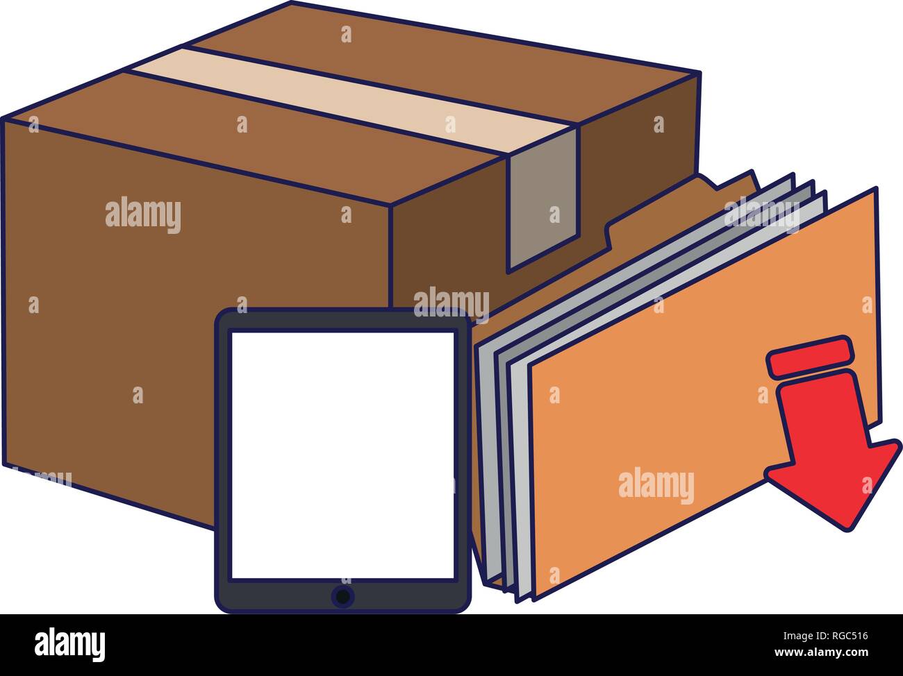 tablet cardboard box and folder downloading files blue lines Stock ...