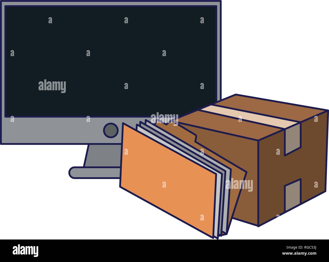 computer and cardboard box with folder blue lines Stock Vector Image ...