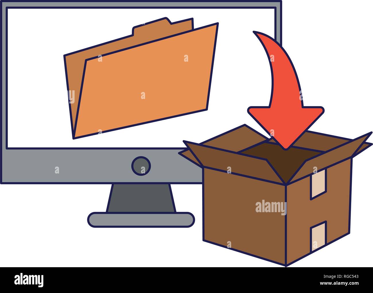 computer with folder and download box blue lines Stock Vector Image ...