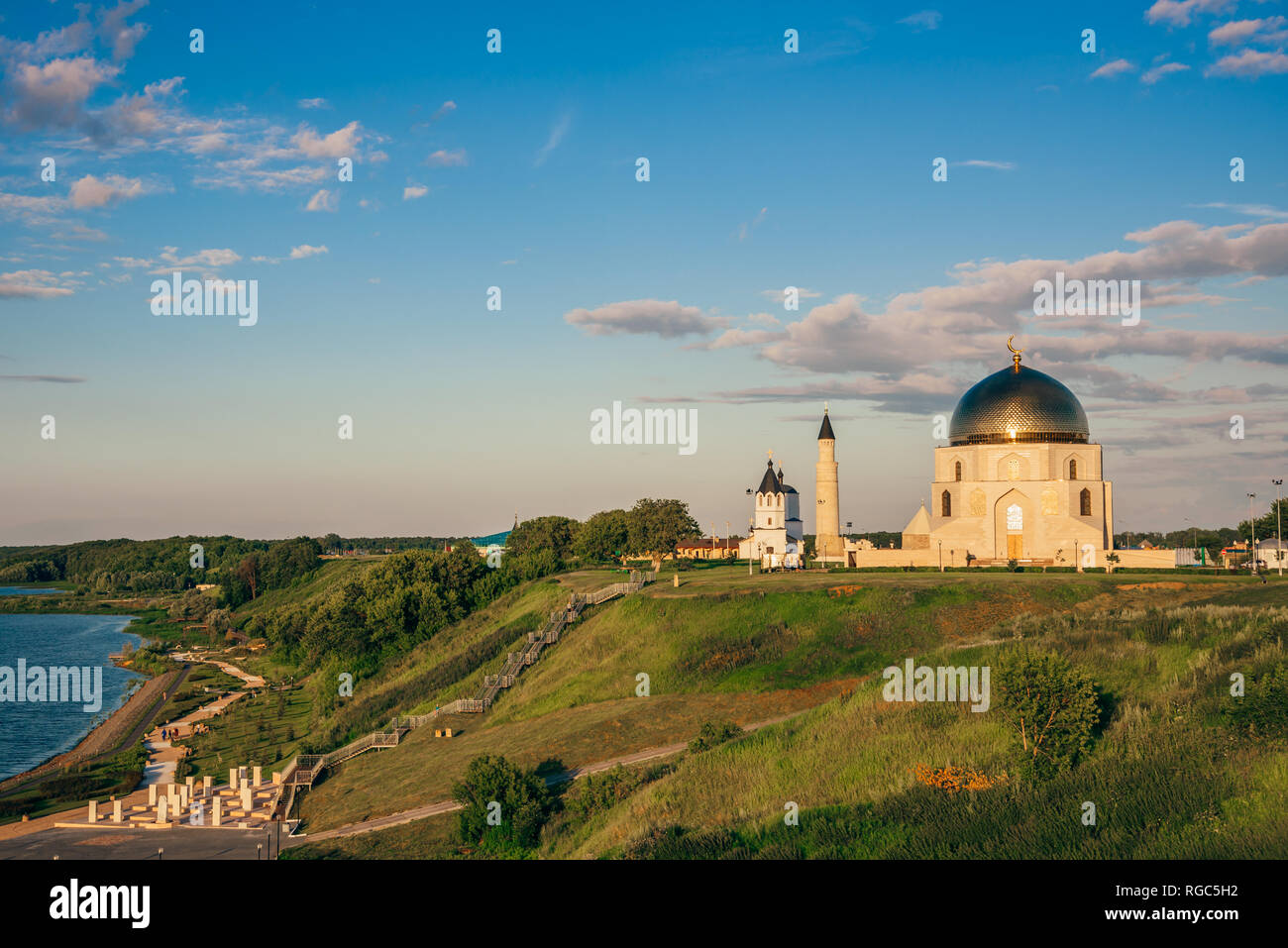 Temples and Buildings of Bolghar on Coastal Hill at Sunset Light Stock ...
