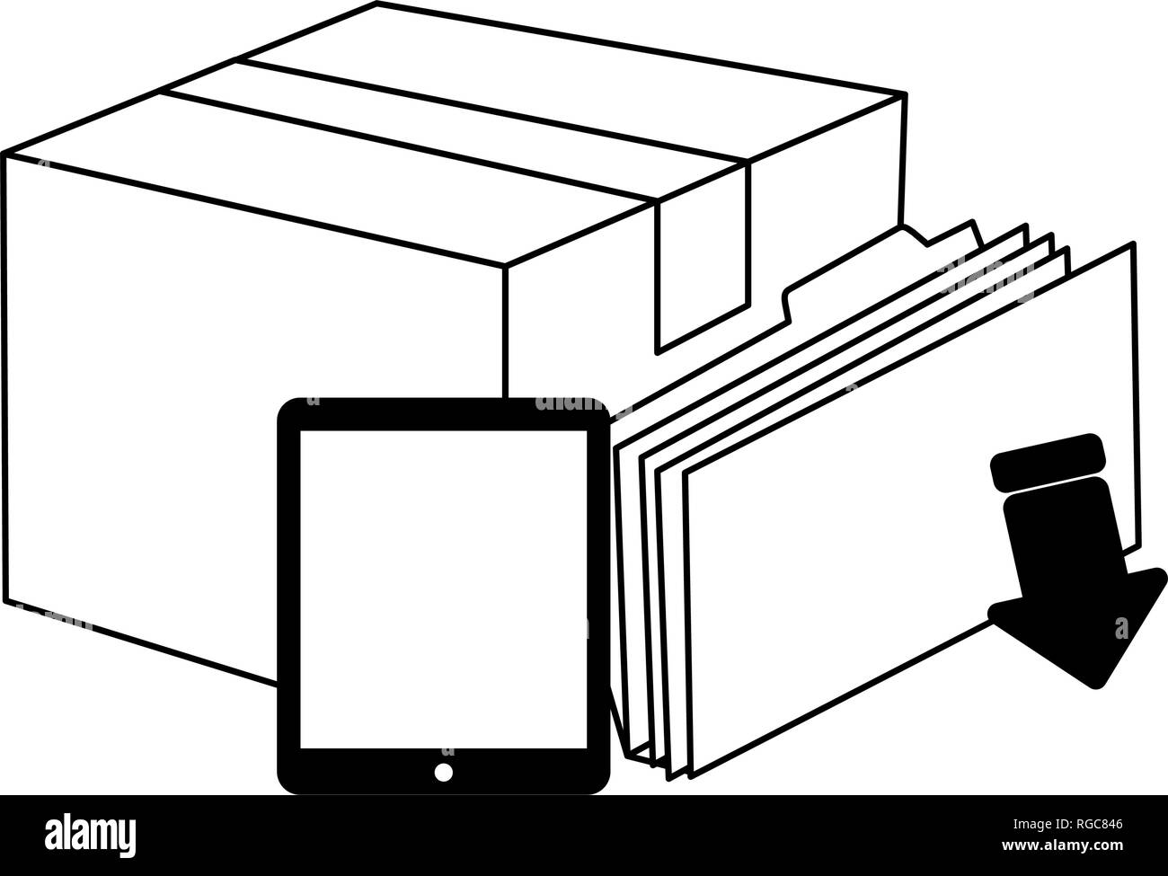 tablet cardboard box and folder downloading files black and white Stock ...