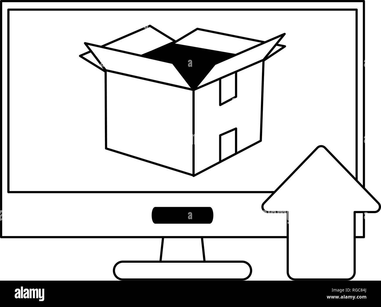 computer uploading box on screen black and white Stock Vector Image ...