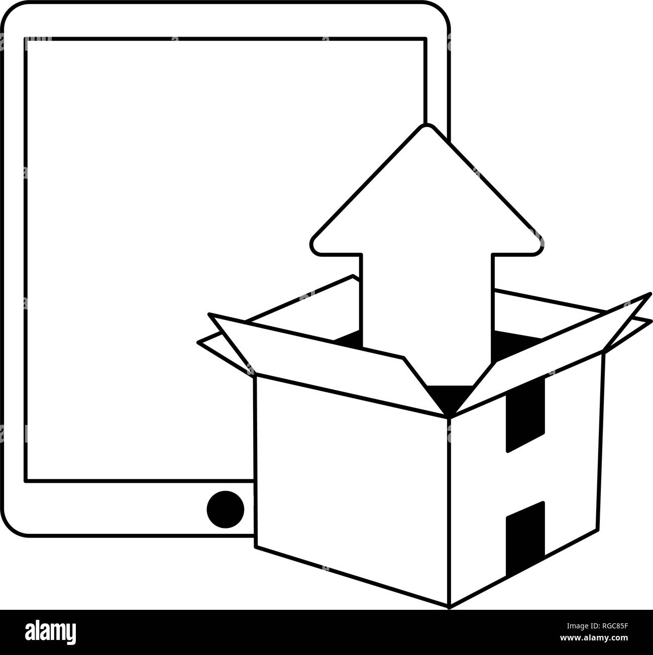 computer and cardboard box with folder black and white Stock Vector ...